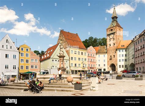 LANDSBERG AM LECH, GERMANY - JUNE 10: People at the market square of ...