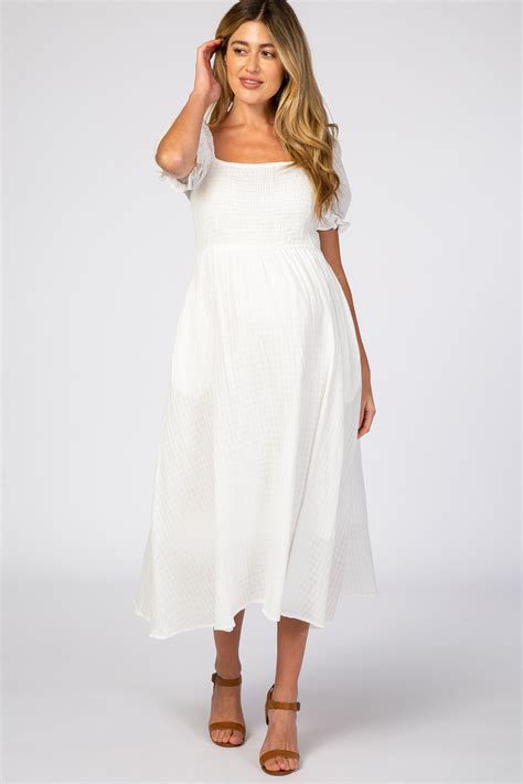White Smocked Puff Sleeve Maternity Midi Dress Pinkblush