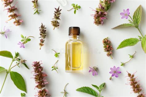 Patchouli Essential Oil In The Glass Bottle With Fresh Patchouli