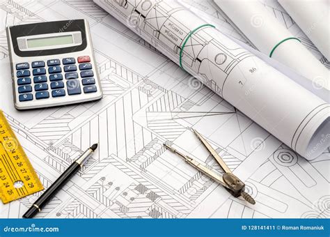Engineering Drawing Compass Calculator Pen Stock Image Image Of Close Graphic 128141411
