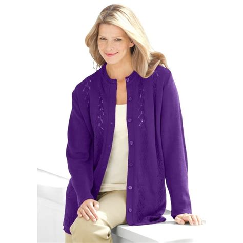 Woman Within Womens Plus Size Long Sleeve Pointelle Cardigan Sweater
