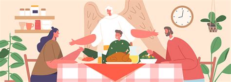 가족 캐릭터 부모와 아들은 칠면조 식사와 함께 테이블 주위에 모여 기쁨과 감사로 가득 찬 얼굴을 합니다 가족에 대한 스톡 벡터