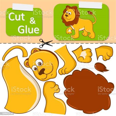 종이 라이오네스를 자르고 붙입니다 응용 프로그램을 만화 재미 사자를 만듭니다 아이들을위한 교육 수수께끼 엔터테인먼트와 오락 아이 로직 게임 및 활동 퍼즐 유치원 워크시트