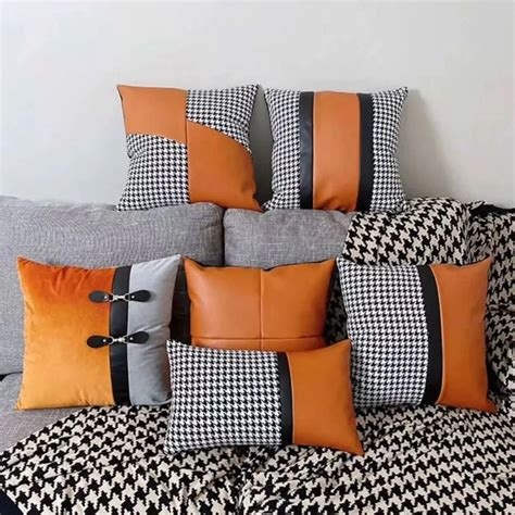 Luxury Pu Patchwork Houndstooth Pillow Case Decorative Orange Pillow