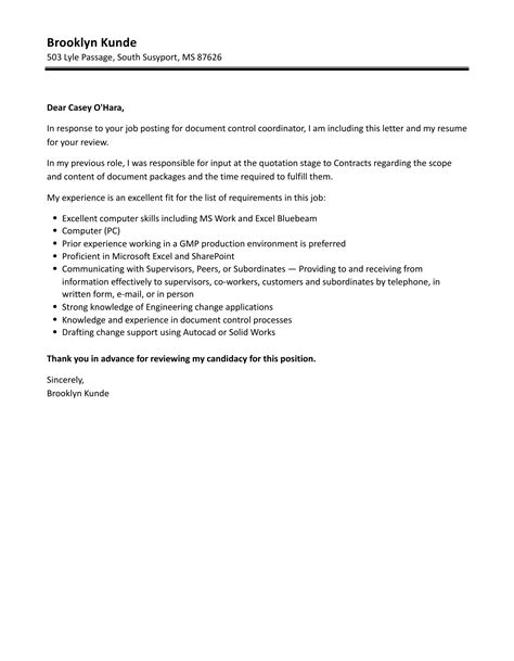 Document Control Coordinator Cover Letter Velvet Jobs