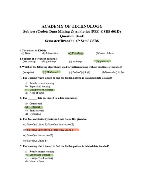 Ca2 Question Bank Mcq Pec Csbs601d Pdf Data Warehouse Data Mining