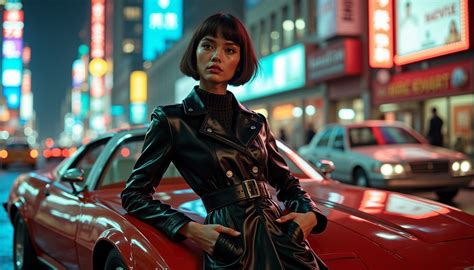 Woman In Vinyl Trench Coat With Hovercar Stable Diffusion Online