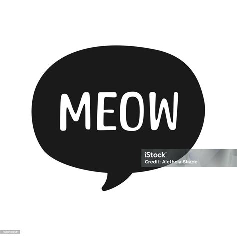 야옹 말풍선 실루엣 야옹 텍스트 귀여운 손으로 그린 인용문 고양이 소리 손글씨 낙서 문구 셔츠 카드 포스터 등에 인쇄하기 위한 벡터 그림 Onomatopoeia에 대한 스톡