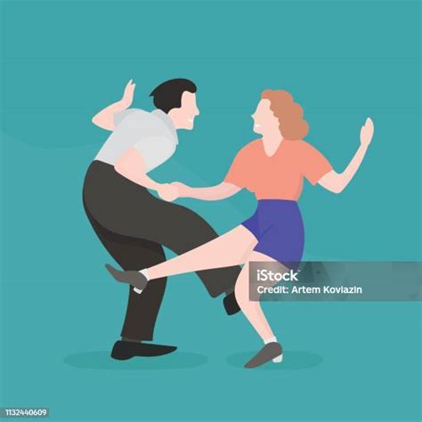 빈티지 레트로 커플 춤 중반 세기 로커 부 기 털이 스윙 스티치 남자와 여자 평면 벡터 캐릭터 만화 행복 로큰롤 댄스 그네에