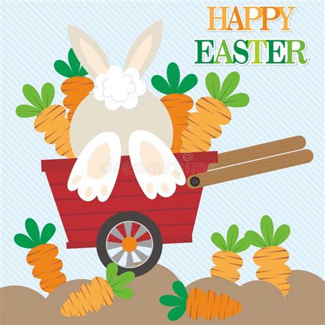 Happy Easter Card Design With Bunny And Carrots On The Cart Stock Vector Illustration Of