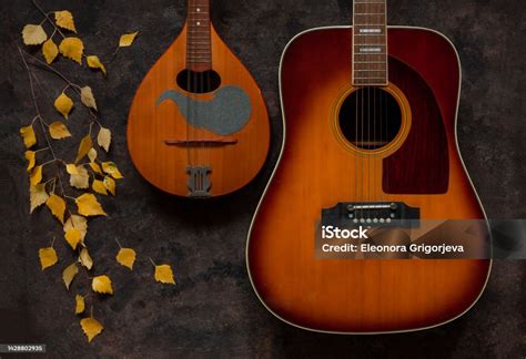 노란 단풍 만돌린 기타가있는 자작 나무 가지 가을 뮤지컬 및 예술 행사의 개념 Classical Concert에 대한 스톡 사진 및 기타 이미지 Classical