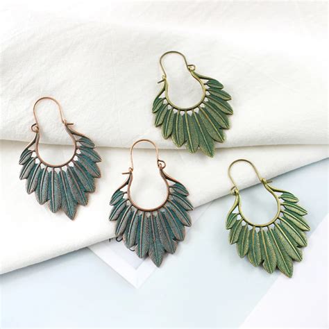 보헤미안 그린 브론즈 팜 나뭇잎 펜던트 드롭 귀걸이 여성용 에스닉 식물 녹색 잎 패션 보그 빅 귀걸이 쥬얼리 드롭 이어링 Aliexpress