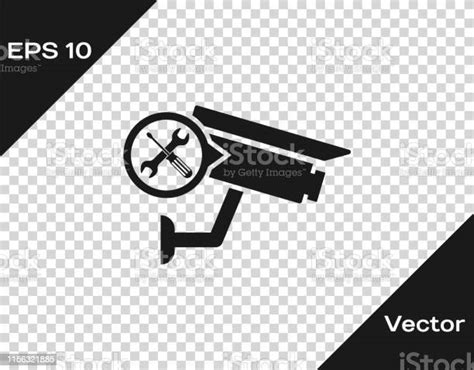 투명 한 배경에 격리 된 드라이버와 렌치 아이콘 회색 보안 카메라 조정 서비스 설정 유지 보수 수리 고정 벡터 일러스트레이션 감시에 대한 스톡 벡터 아트 및 기타 이미지