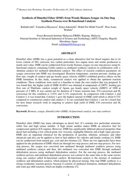 Pdf Synthesis Of Dimethyl Ether Dme From Woody Biomass Syngas Via