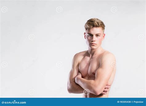 Handsome Shirtless Fitness Man Arms Crossed Studio Shot Stock Photo