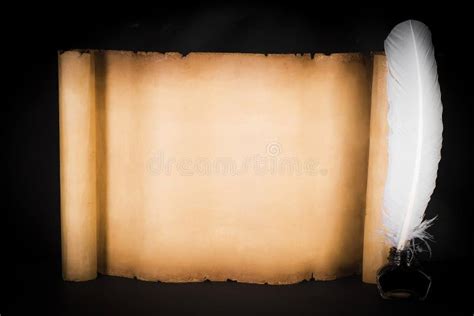 Unrolled Scroll Of Papyrus With A Pen On A Black Background Stock Image