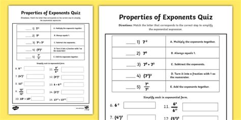 Eighth Grade Properties Of Exponents Quiz Teacher Made
