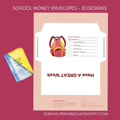 Printable Set Of 10 School Money Cash Envelopes