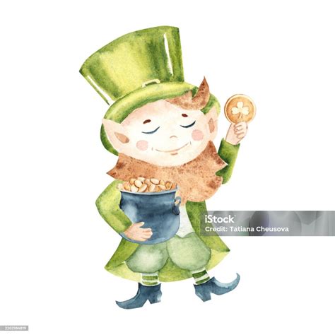 세 잎 클로버 토끼풀 간판이 있는 황금 냄비와 동전을 가진 귀여운 레프리콘 만화 캐릭터 손으로 그린 성 패트릭 데이 수채화 그림은 흰색 배경에 고립되어 있습니다 행운과 부의