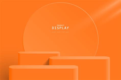 원 모양의 배경으로 사실적인 깨끗한 주황색 3d 원형 연단 제품 전시 또는 모형을 위한 최소한의 벽 장면 쇼케이스를 위한 무대 3d 벡터 렌더링 제품을 광고하거나 홍보하기