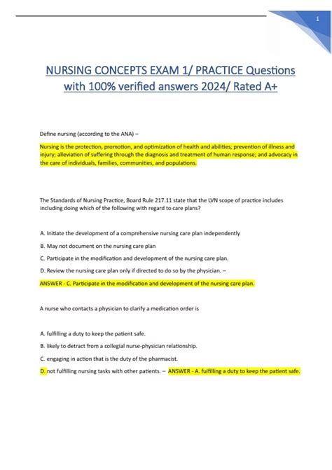Nursing Concepts Exam 1 Practice Questions With 100 Verified Answers 2024 Rated A Nursing