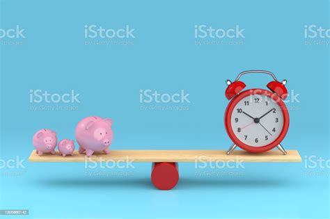 시소에 알람 시계와 돼지 저금통 균형 시간은 돈 개념입니다 3d 일러스트레이션 3차원 형태에 대한 스톡 사진 및 기타 이미지 3차원 형태 가격 경제 Istock