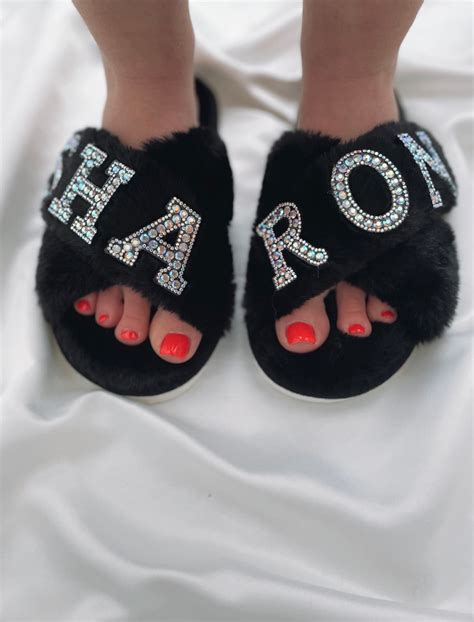 Personalised Fluffy Slippers Nude Black Pink Green Amae Bridal