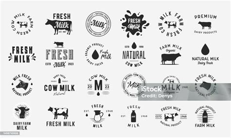 Lambang Produk Susu Dan Susu Siluet Sapi Botol Tetesan Susu Dan