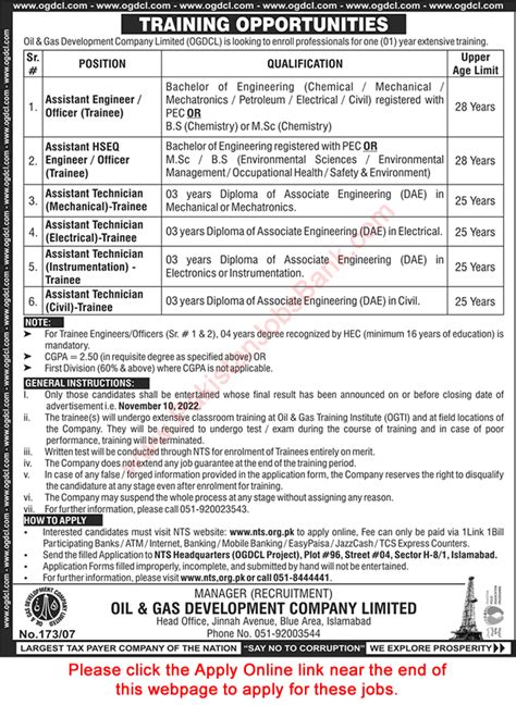 Ogdcl Jobs October 2022 Nts Apply Online Trainee Engineers