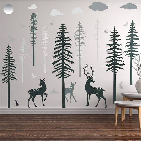 Forest Deer Pine Trees Wall Decal Woodland Vinyl Wall Etsy