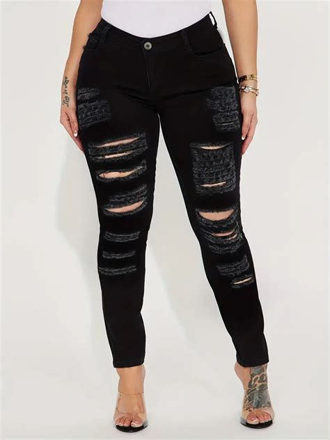 Womens Black Ripped Skinny Jeans Ripped Holes Skinny Jeans Temu