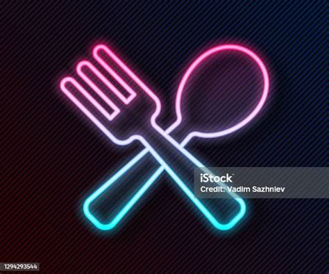 빛나는 네온 라인은 검은 배경에 고립 된 포크와 숟가락 아이콘을 교차 조리 기구 칼 붙이 기호 벡터 그릇에 대한 스톡 벡터 아트 및 기타 이미지 Istock
