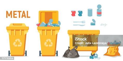 Yeloow 는 금속 세트의 쓰레기통을 재활용합니다 배너 전단지 재활용 재사용 감축을 위한 폐기물 캔 분리 올바른 쓰레기통에 금속을 버리 캔 금속 도구 손톱 가방나사