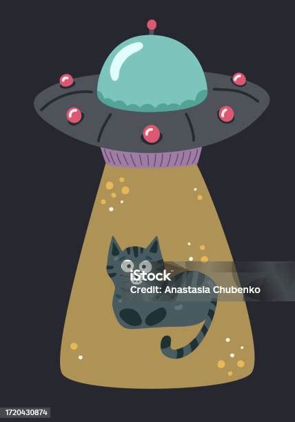 Ufo가 고양이 외계인을 납치합니다 흰색 배경에 분리된 벡터 그림 외계인 납치에 대한 스톡 벡터 아트 및 기타 이미지 외계인