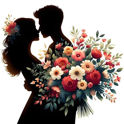 Valentine S Day Silhouette Of A Couple In Love With A Large Bouquet Of