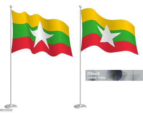 在旗杆上揮舞的 Myanmar 共和國國旗假日設計項目地圖符號的檢查點白色背景上的隔離向量向量圖形及更多myanmar Flag圖片