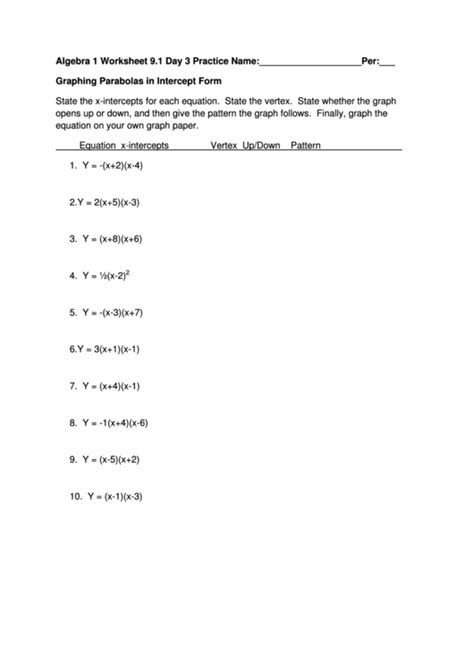 Graphing Parabolas In Intercept Form Printable Pdf Download