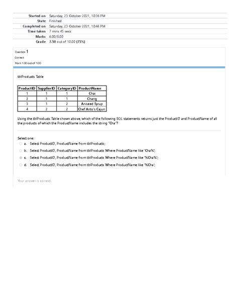 CS2203 Self Quiz Unit 8 Review Part 1 Started On State Completed On Time Taken Saturday 23