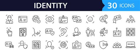 선 스타일의 웹 아이콘 Id 집합입니다 인증 선형 아이콘 컬렉션 신분증 여권 생체 인식 신분증 지문 Dna가 포함되어 있습니다 편집 가능한 획 0명에 대한 스톡 벡터 아트