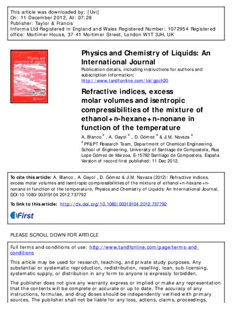 Pdf Refractive Indices Excess Molar Volumes And Isentropic