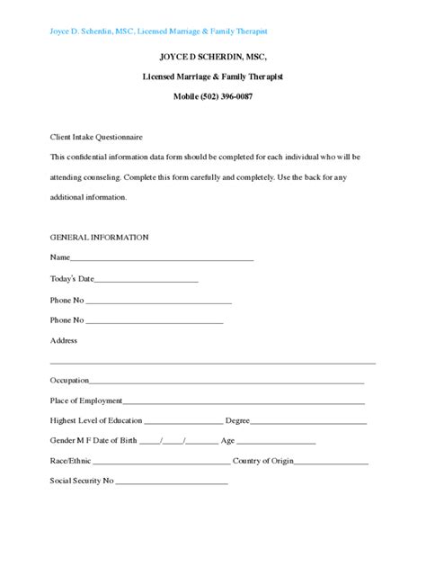 Fillable Online Client Intake Questionnaire For Counseling Joyce D Scherdin 2023 Fax Email