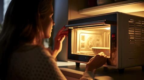 Premium Photo Close Up Of Woman Using Microwave Oven For Heating