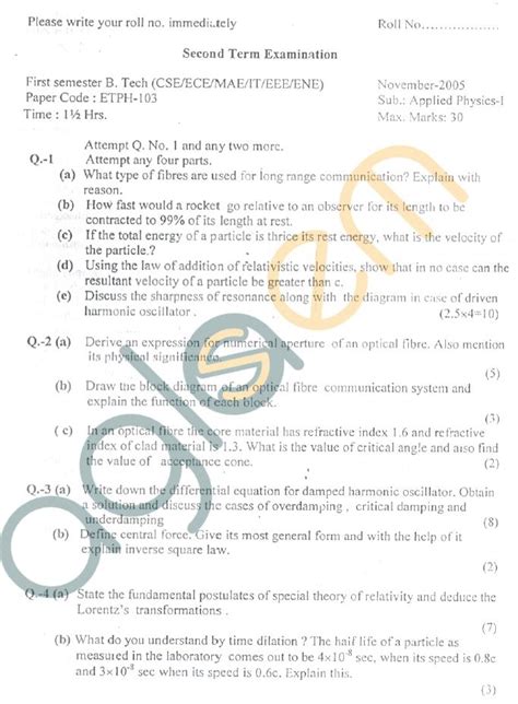 Ggsipu Question Papers First Semester Second Term 2005 Etph 103 Aglasem Institutes