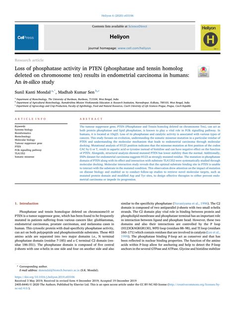 Pdf Loss Of Phosphatase Activity In Pten Phosphatase And Tensin