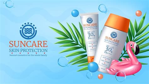 여름 화장품 3d 자외선 차단제 자외선 차단제 모이스처라이저 프로모션 해변 풍선 플라밍고 스킨케어 크림 튜브 미용 제품 템플릿입니다 광고 배너 디자인 벡터 파란색 배경 3