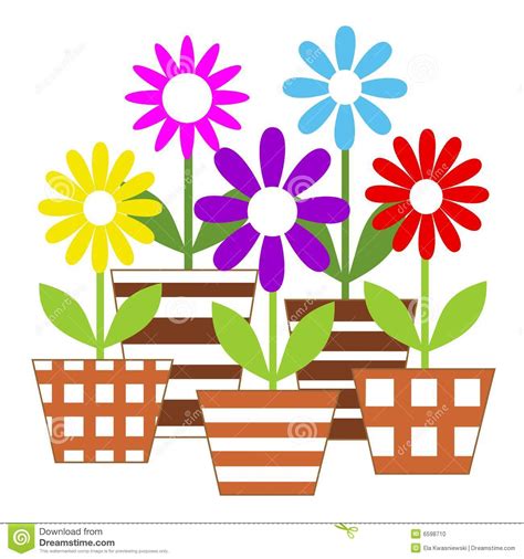 Pots With Colorful Vector Flowers Stock Vector Illustration Of Green