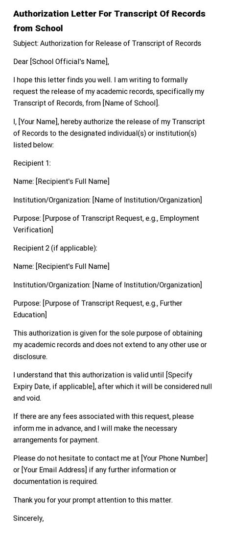 Authorization Letter For Transcript Of Records
