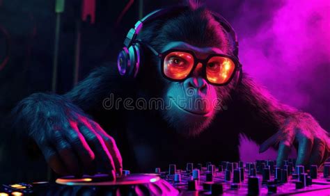 Cool Dj Monkey With Glasses Mixing Music In Vibrant Neon Lights Stock