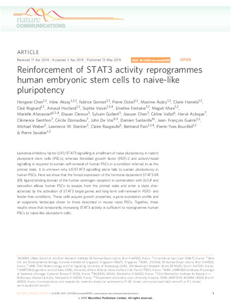 Pdf Reinforcement Of Stat3 Activity Reprogrammes Human Embryonic Stem