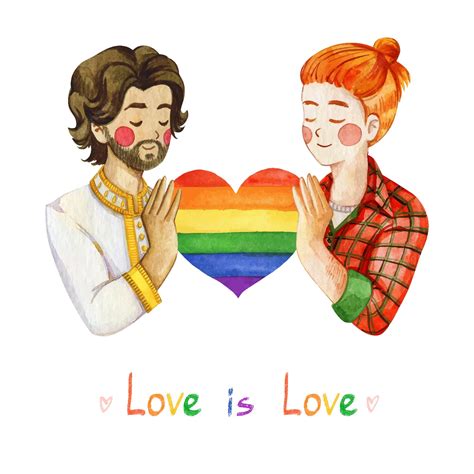 흰색에 고립 된 Lgbt 커뮤니티 무지개 심장 수채화 클립 아트와 두 다문화 소년 프리미엄 벡터